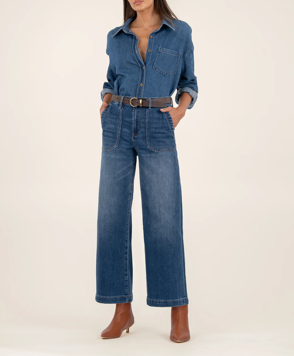 Meg High Rise Wide Leg Pants w/ Pork Chop Pockets Dark Wash – Monkee's ...
